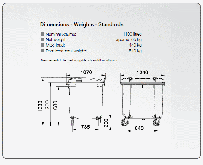1100 Litre Wheelie Bin With Flat Lid Optional Lid Lifta